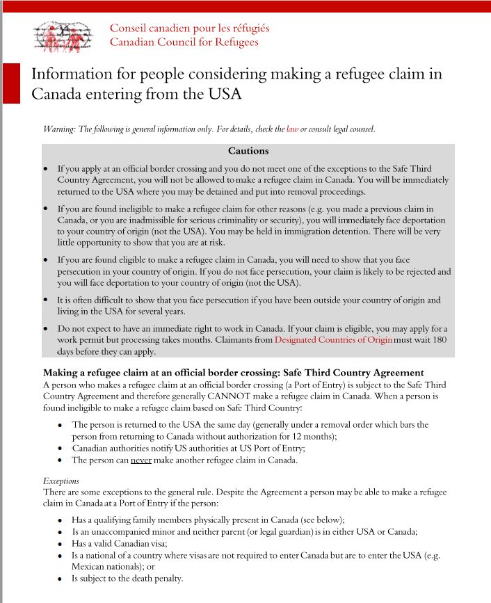 Refugee claim in Canada entering from the USA – FCJ Refugee Centre